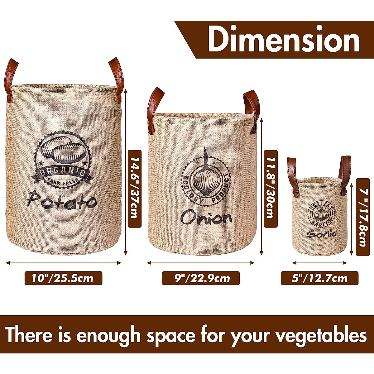 Kamehame Potato and Onion Storage Baskets Pack of 3, Lined Burlap Pantry Storage Bins for Potato Onion Garlic with Handles