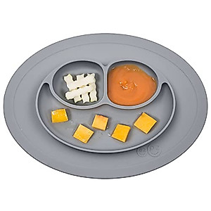 ezpz Mini Mat - 100% Silicone Suction Plate with Built-in Placemat for Infants + Toddlers - First Foods + Self-Feeding - Comes with a Reusable Travel Bag (Gray)