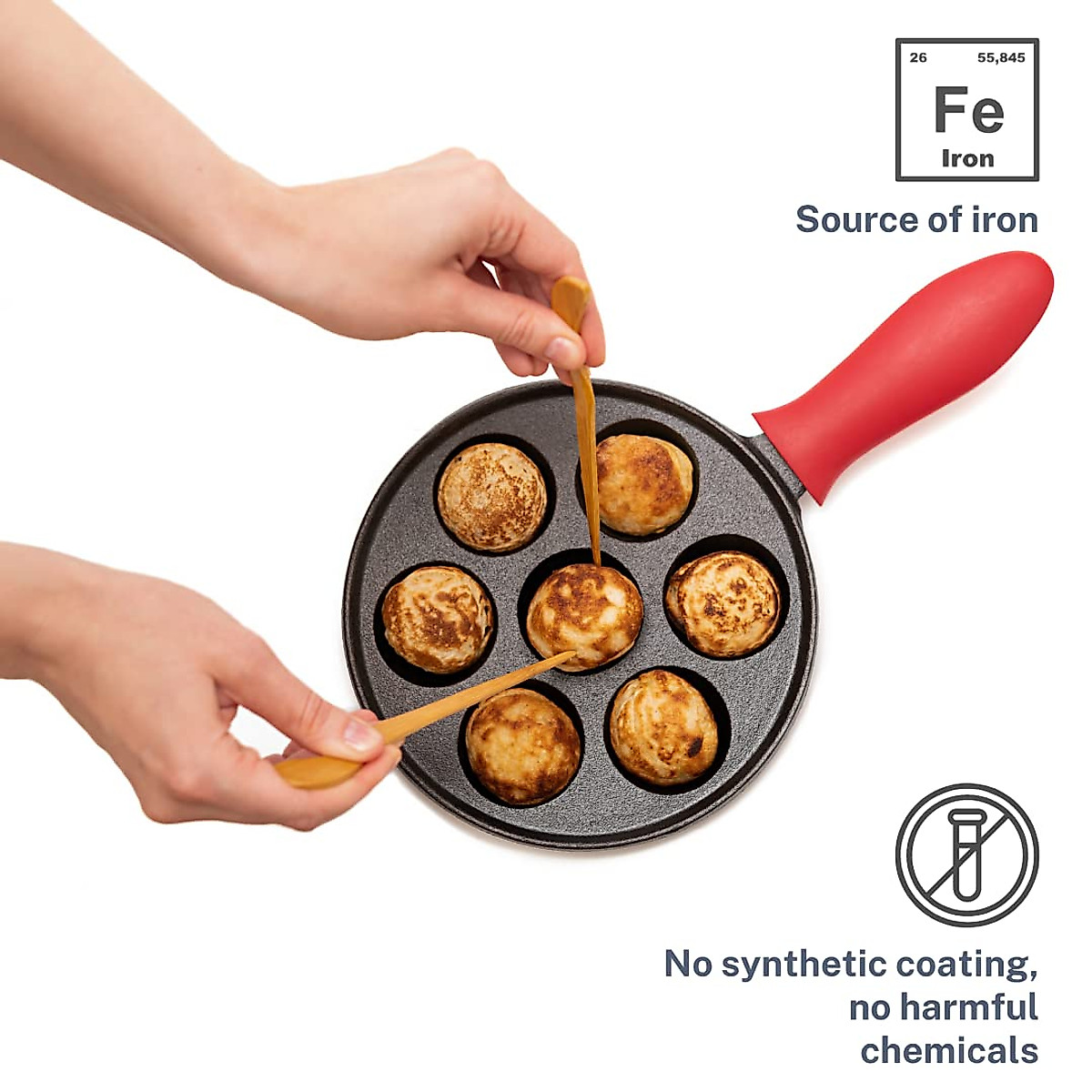 KUHA Cast Iron Aebleskiver Pan for Authentic Danish Stuffed Pancakes - Complete with Bamboo Skewers, Silicone Handle and Oven Mitt