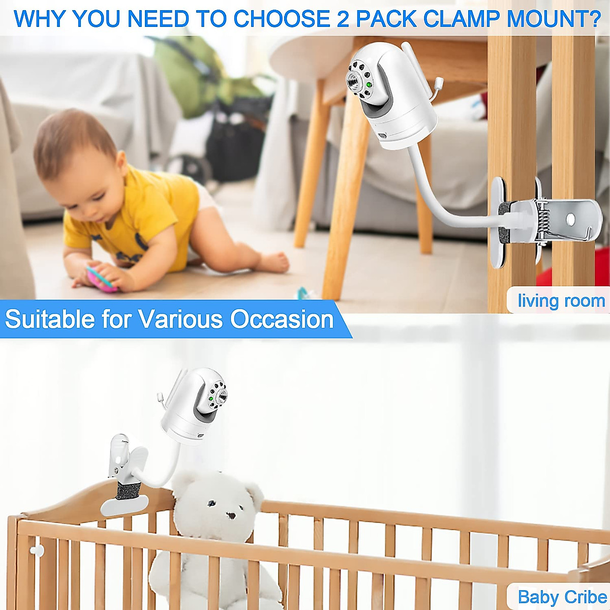 2 Pack Baby Monitor Mount flexible clamp mount Compatible with Infant Optics DXR-8 and DXR-8 Pro Video Baby Monitor Baby Monitors Holder for Crib Nursery Baby Camera Stand Without Tools or Wall Damage