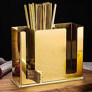 kaileyouxiangongsi Chinese Restaurant Utensil Holder, Stainless Steel Hanging 3 Compartments Mesh Utensil Drying Rack/Chopsticks/Spoon/Fork/Knife Flatware Storage（Golden）