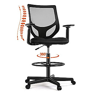 AFO Drafting Mid-Back Mesh Tall Office Stool Chairs with Armrest Adjustable Foot Ring for Standing Desk, Black