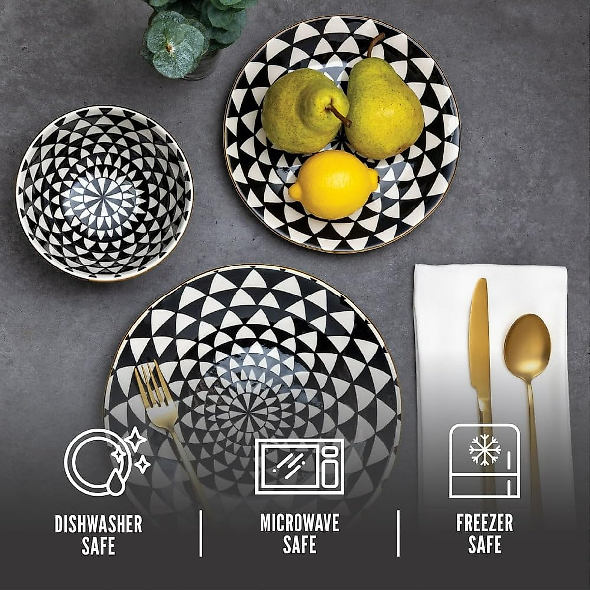 GtPet Dinnerware Black & White Medallion Stoneware, 12 Piece Set