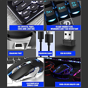 Soke-Six Wireless Rechargeable Backlit Keyboard and Mouse Combo, 2.4G Full-Size Mechanical Feel Gaming Keyboards with USB 2400DPl Mice,Adjustable Breathing Lamp,Anti-Ghosting (Black& Blue Light)
