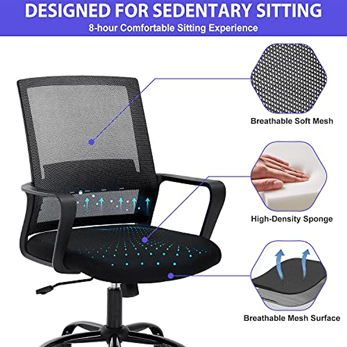 Pazidom Home Office Chair Mesh Chair Desk Chair Work Chair Computer Chair Rolling Chair with Arms for Home Office， Black