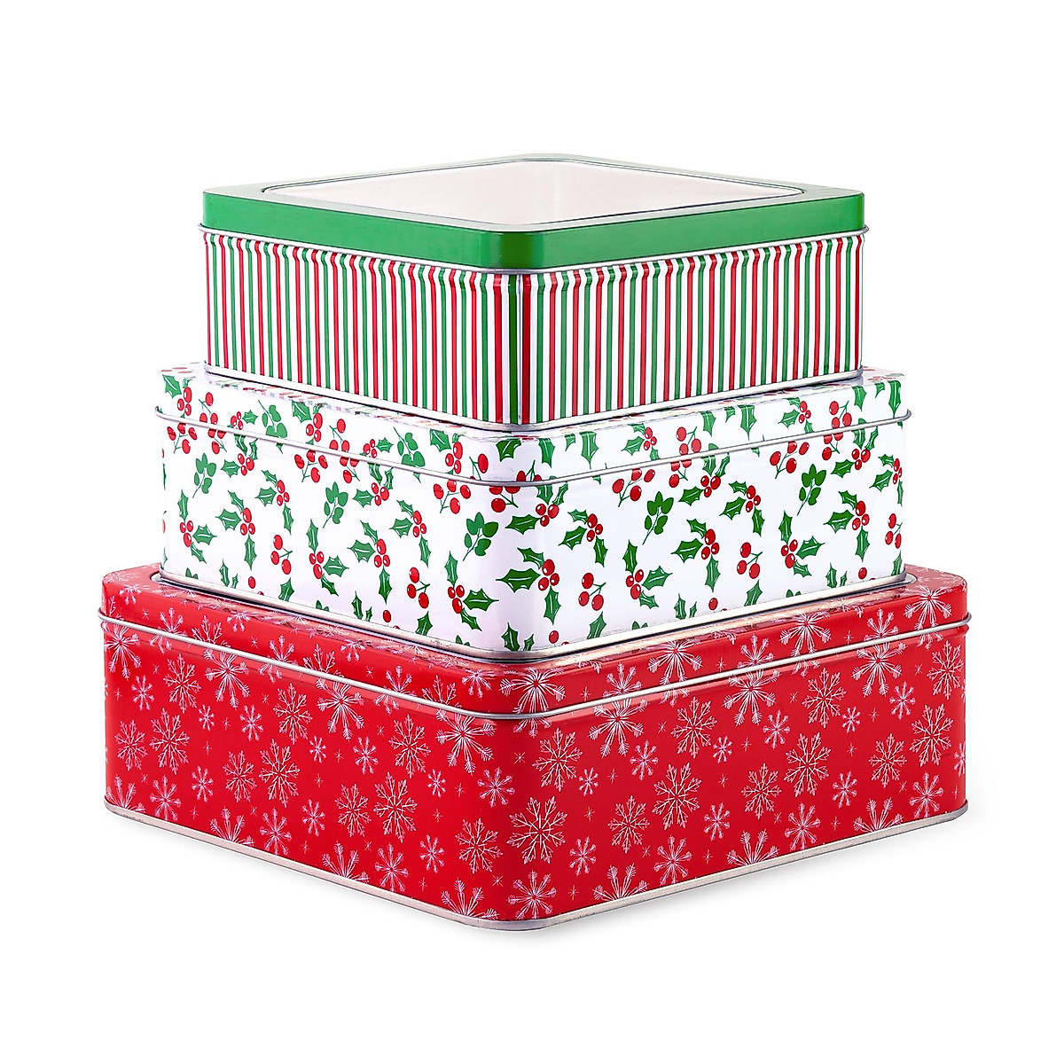 Steel Mill & Co Square Tin Containers with Lids, 3 Pack Christmas Cookie Tins, Festive Cookie Tins for Gift Giving & Holiday Treats, Metal Box Nesting Containers, Large Medium Small, Snowflake