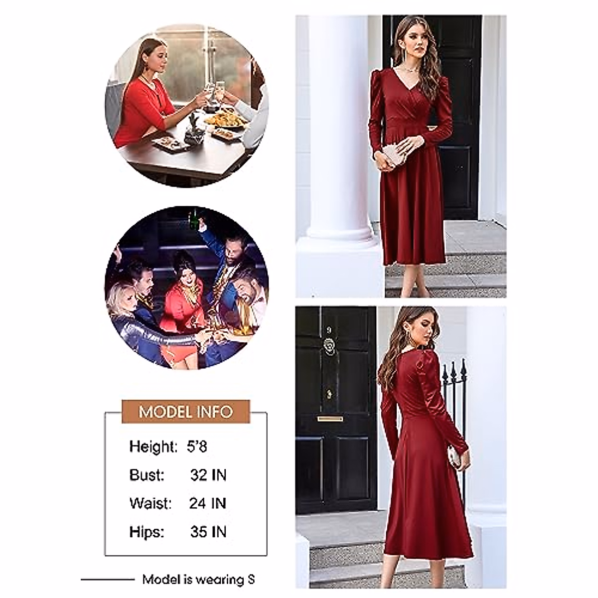 Dokotoo Womens Wedding Guest Dresses for Women 2023 A Line Swing Wrap Sexy V Neck Long Bubble Sleeve High Waist Solid Formal Party Graduation Cocktail Midi Dress Summer Fall Clothing Red X-Large