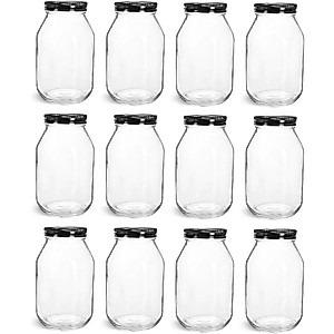 North Mountain Supply 32 Ounce Quart Glass Regular Mouth Mason Canning Jars - With Black Safety Button Lids - Case of 12
