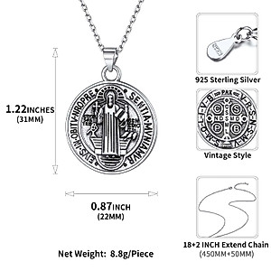 Nofade Silver Saint Benedict Cross Necklace for Men Women, 925 Sterling Silver Round St Benedict Pendant Necklace Coin Medallion Necklace Talisman Amulet Jewelry