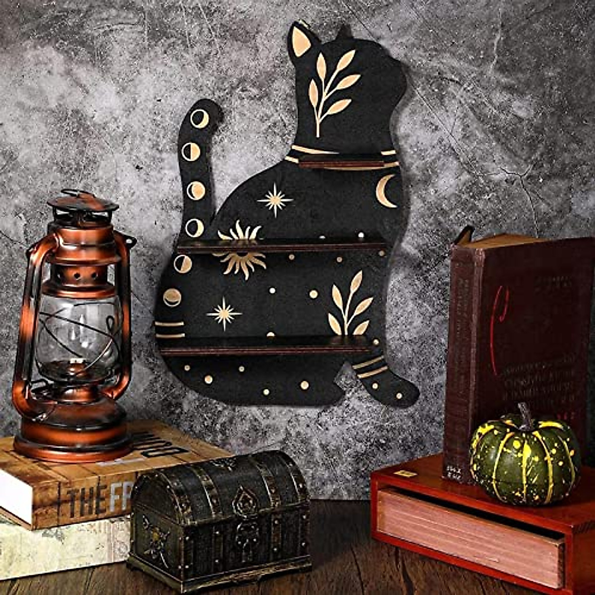 Migno Cat Moon Shelf,Rustic Wooden Black Cat Display Shelf | Wall Mounted Crystal Display Shelf Decorative Crystal Organizer for Living Room Yoga Room