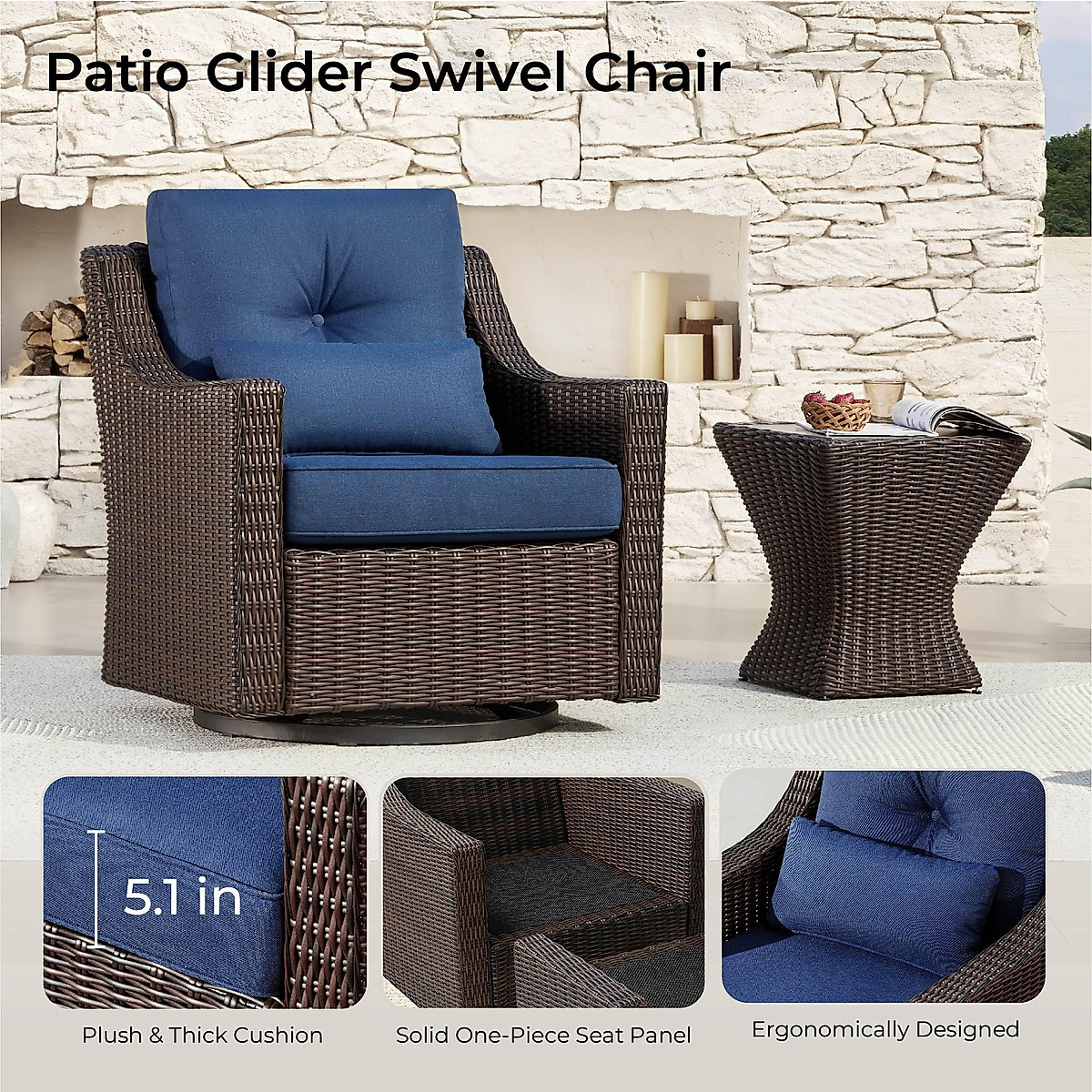 CHITA Patio Wicker Chair, 360° Rocking Swivel Outdoor Rattan Chair with Thickened Cushions for Backyard, Poolside, Garden or Porch, Blue Cushions with Chestnut Wicker