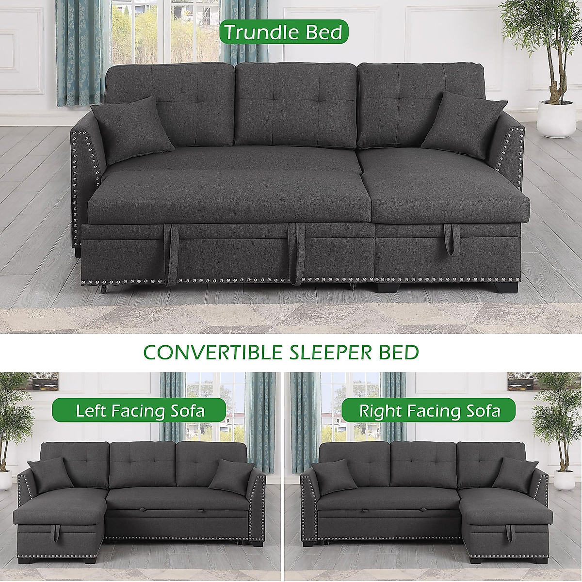 BEEY Convertible Sleeper Sofa Bed, 82" Small Sectional Sofa with Storage Chaise for Small Spaces, L Shaped Couch with Pull Out Bed for Bedroom, Living Room (Dark_Grey)