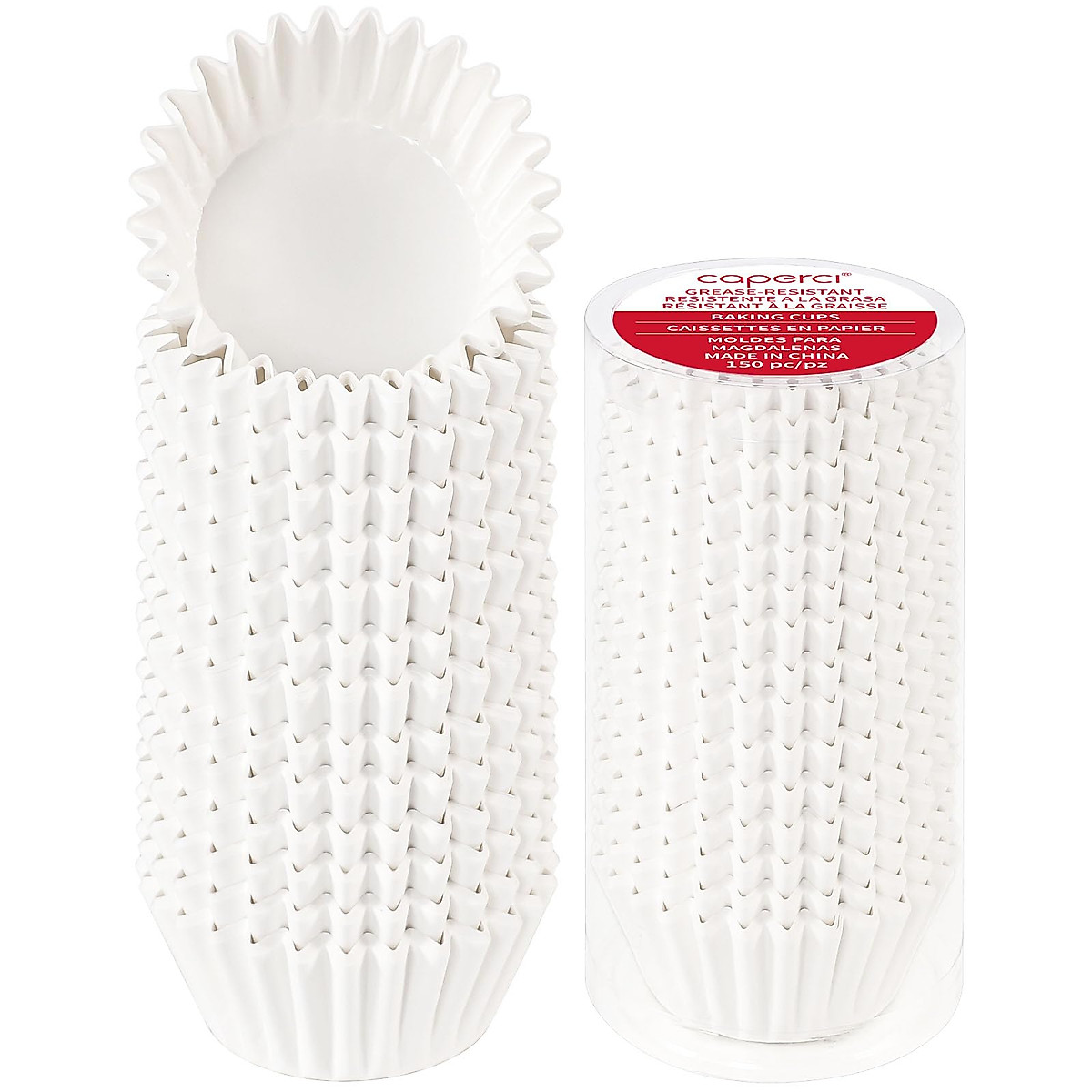 Caperci Heavy Duty Standard White Cupcake Liners 150 Counts - Grease-Resistant Paper Muffin Baking Cups, Odorless, No Muffin Pan Needed, Easily Peels (White)