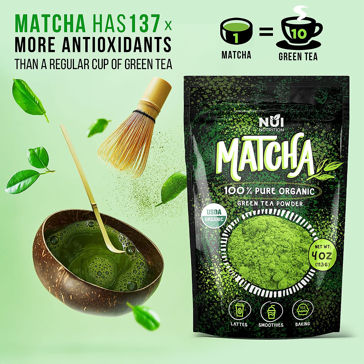 NUI Organic Matcha Green Tea Powder 100% Pure Premium Matcha for Latte, Smoothies and Baking 4 oz