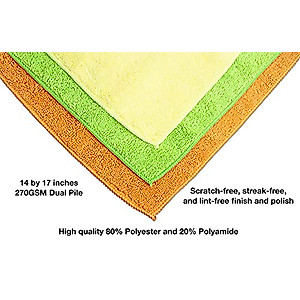 Detailer's Preference Eurow Microfiber Cleaning and Drying Cloths for Home and Auto, 14 by 17 Inches, Yellow, Green, Orange, 15 Pack