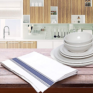 TALVANIA Kitchen Dish Towels 100% Cotton White Flour Sack Tea Cloth with Blue Herringbone Stripe, Pack of 12 Perfect Classic Dish Towel 15” x 25” Dishcloths for Bars Kitchens Counters etc.