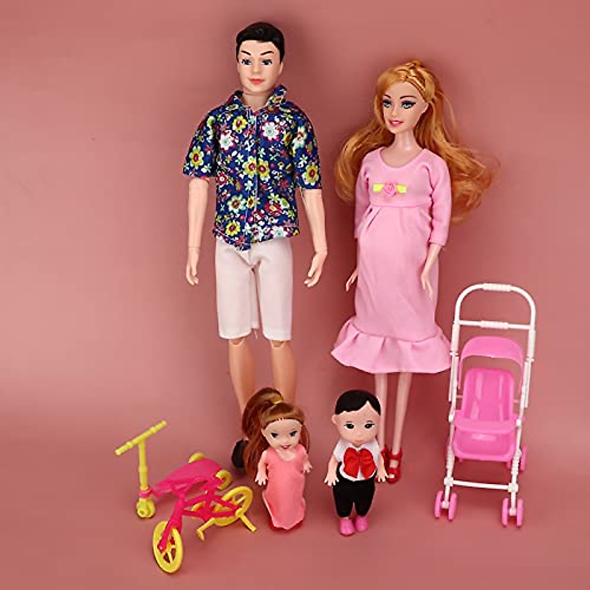 Vakitar Family Dolls Set of Dad Pregnant Mom Girl Boy Children Role Play House Toy Gift,for Home (Printed Blue T+Pregnant Powder)