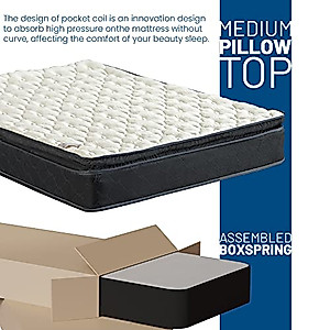 Treaton, 9-Inch Medium Firm Pillow Top Heavier Pocket Coil Hybrid Mattress, Motion Isolation with Durable Support, Bed 8" Split Wood Box Spring, Full, Black