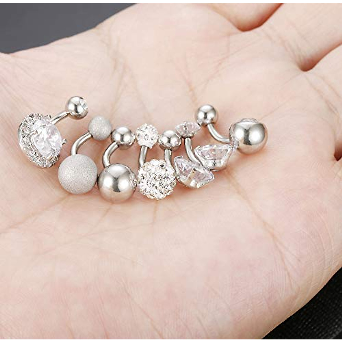 FUNRUN JEWELRY 7PCS 14G 6MM 1/4 Inch 316L Surgical Steel Belly Button Rings Belly Earring CZ Navel Rings Barbell Body Piercing Jewelry (A:Silver tone)