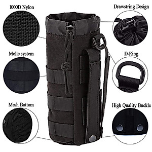 Novemkada Water Bottles Pouches - 1000D Tactical Molle Drawstring 32OZ Hydration Carrier Bag (Black+Green)