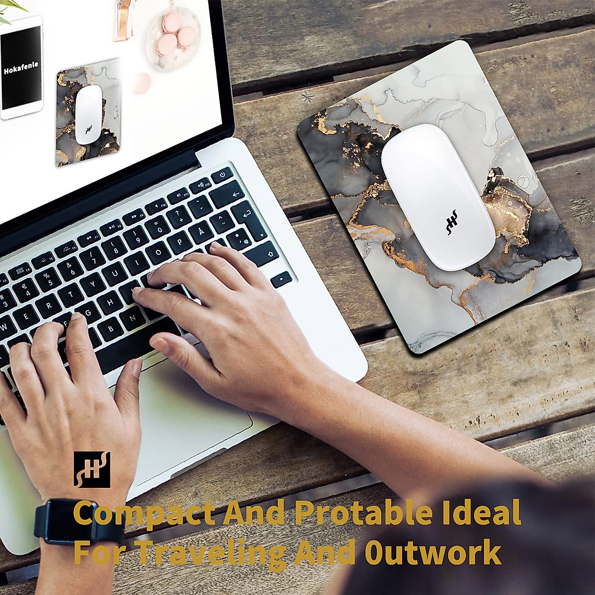 Hokafenle Small Mouse Pad, Mini Mousepad with Washable Lycra Cloth, Computer Mouse Pads for Wireless Mouse, Non-Slip Rubber Base Mousepads (6 x 8 Inch, Black Gold Marble)