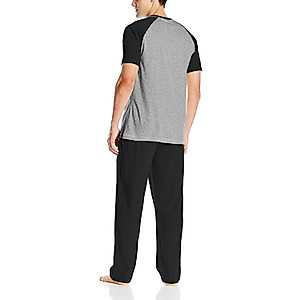 Hanes Men's Adult X-Temp Short Sleeve Cotton Raglan Shirt and Pants Pajamas Pjs Sleepwear Lounge Set - Black (Large)