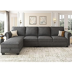 Nolany Convertible Sectional Sofa L-Shape Sectional Couch with Reversible Chaise 4 Seat Sectional Sofa Couch for Small Space Dark Grey