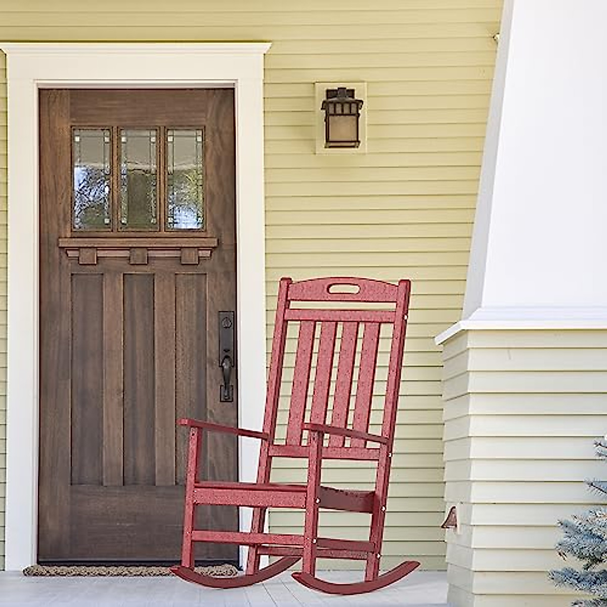 POLYDUN Outdoor Rocking Chairs, High Back Poly Lumber Patio Rocker Chair, 365Lbs Support Rocking Chairs, All-Weather Porch Rocking Chair for Lawn, Backyard, Indoor, Garden, Like Real Wood, Red, 2 Pack