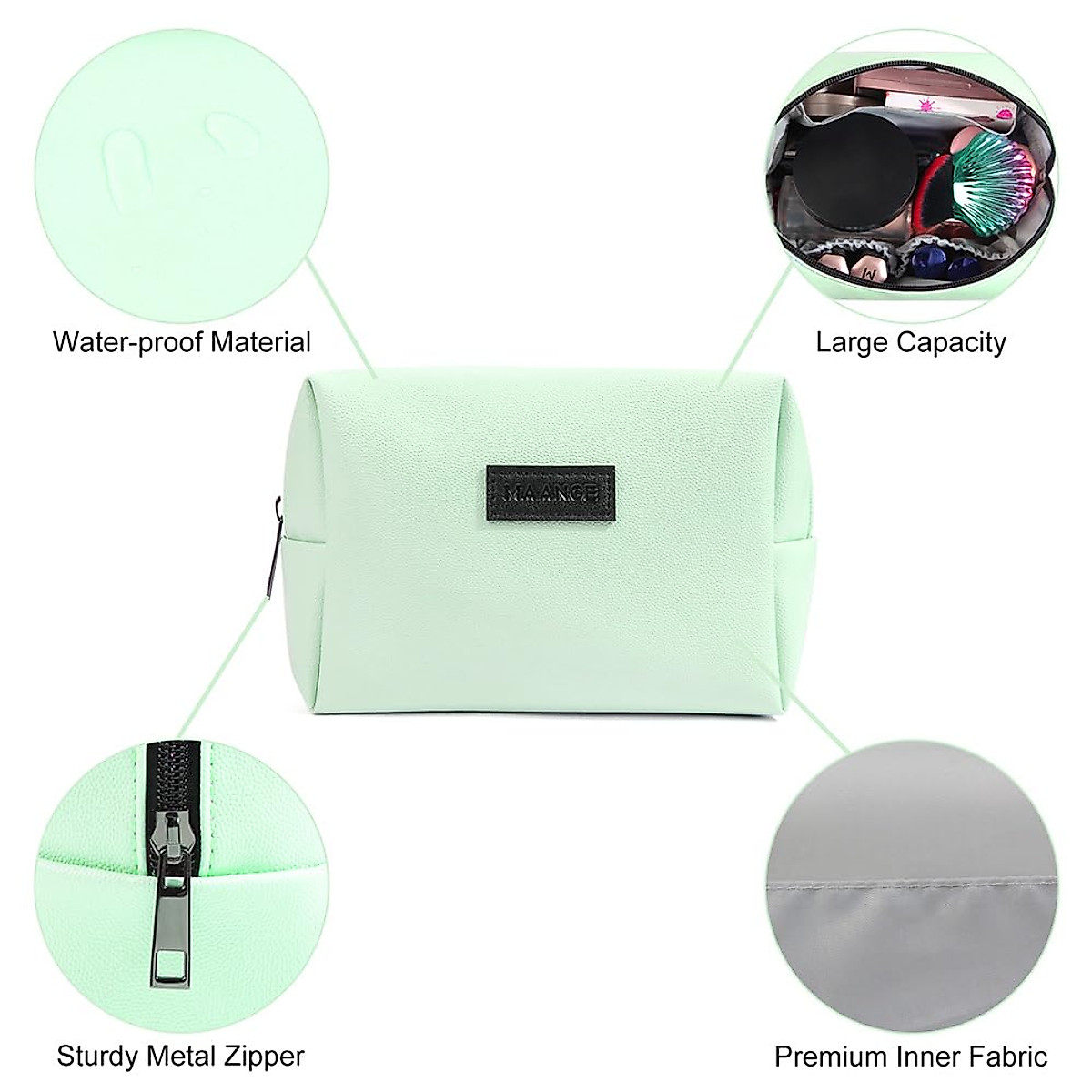 MAANGE Small Makeup Bag For Purse, Travel Cosmetic Bag Makeup Pouch PU Leather Portable Versatile Zipper Pouch For Women (Green)