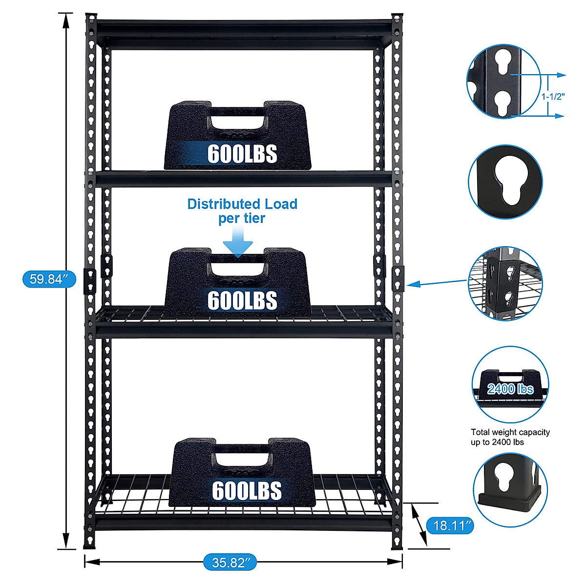 Pachira 36" W x 18" D x 60" H Adjustable Height 4-Shelf Steel Shelving Unit Utility Organizer Rack for Home, Office, and Warehouse, Black