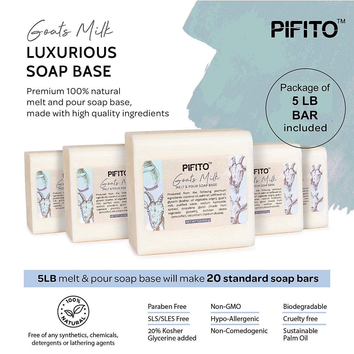 Pifito Goats Milk Melt and Pour Soap Base (5 lb) │ Bulk Premium 100% Natural Glycerin Soap Base │ Luxurious Soap Making Supplies