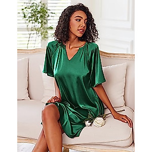Ekouaer Silk Night Gown for Women Satin Night Shirts for Sleepwear Short Sleeve Pj Dress Soft Lounge Dress (Dark Green, M)