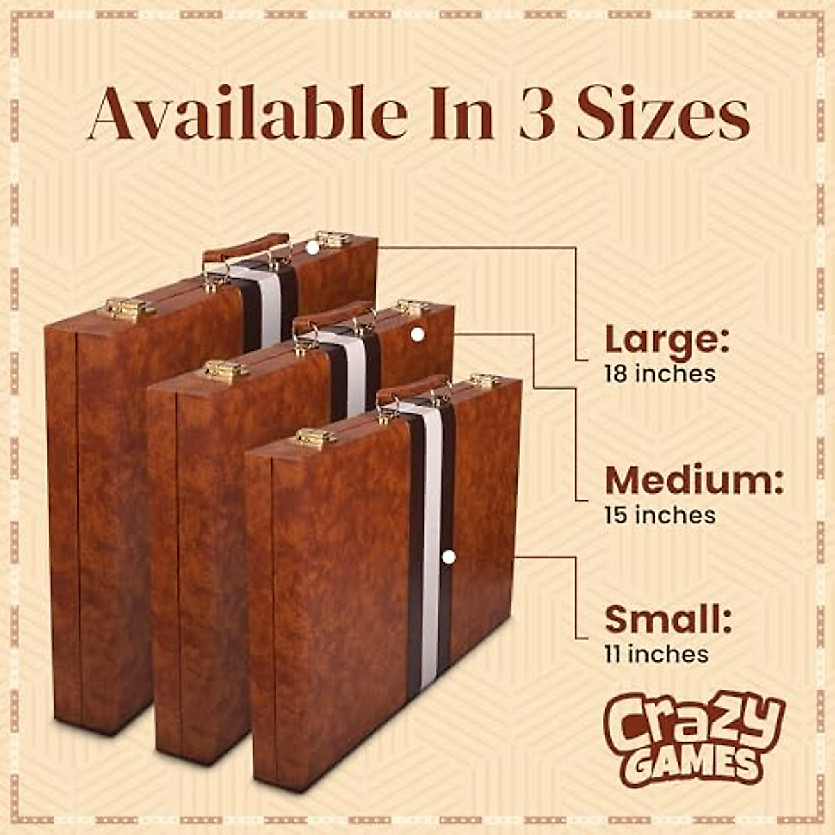 Backgammon Set 15 inch, Medium - Classic Board Game for Adults and Kids with Premium Leather Case - Includes Strategy & Tip Guide (Brown)