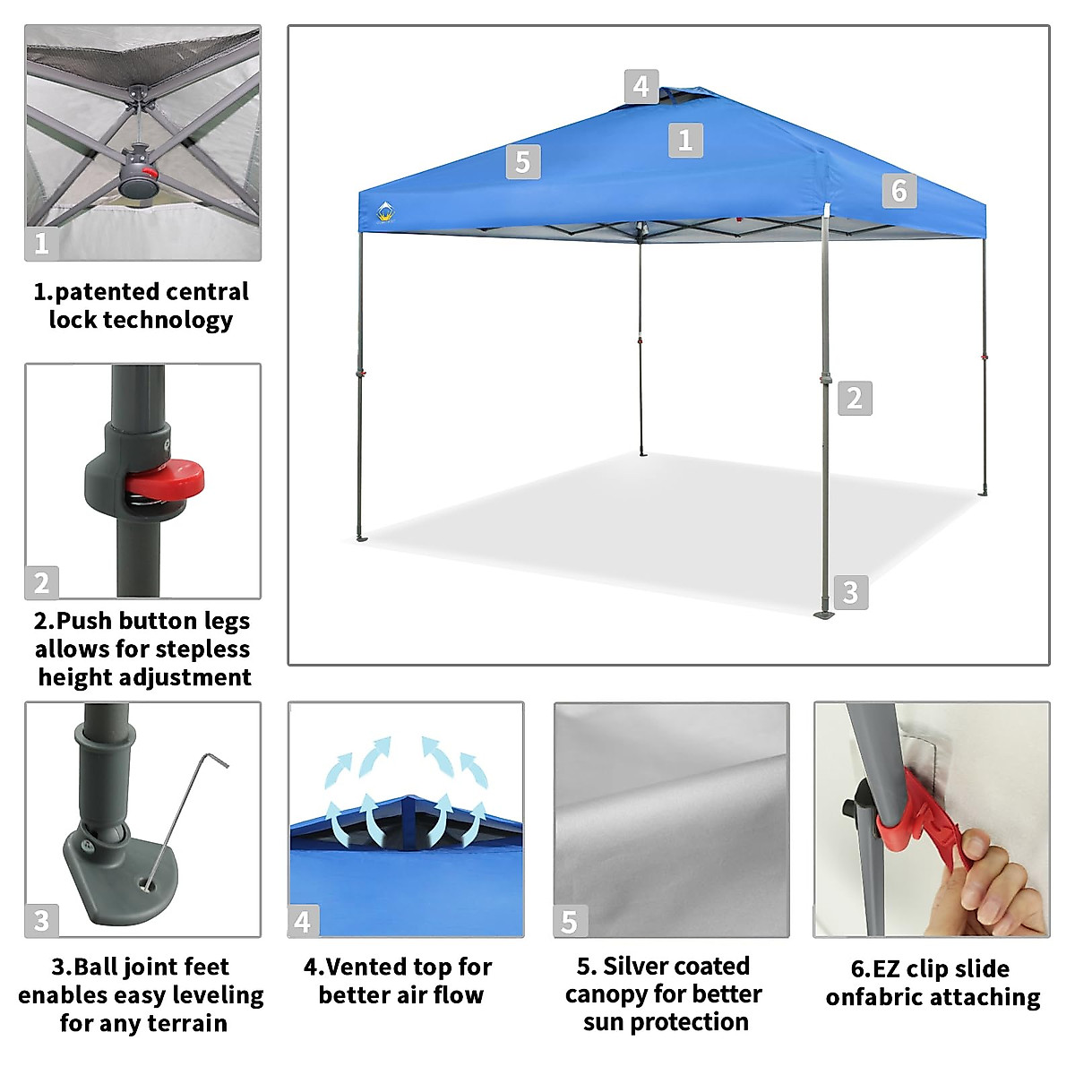 CROWN SHADES 10x10 Canopy Tent, Pop Up Beach Tent for Outdoor Shades with Wheeled Bag, 8 Stakes, 4 Ropes, Outdoor Canopy, Blue