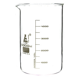 EISCO Beaker, 5000ml - Borosilicate Glass, Low Form, with Spout - 500ml Graduations