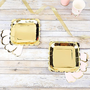 Sparkle and Bash 48-Pack Gold Foil Square Paper Plates Scalloped Edge (7 Inches)