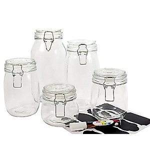 HomEquip 5-Piece Airtight Canister Set with Clip Top Lids (Clear Glass): Kitchen Preserving Storage Jars - Great Dry Food Pantry Containers for Pasta, Cereal, Cookies, Sugar, Flour, Coffee & Tea