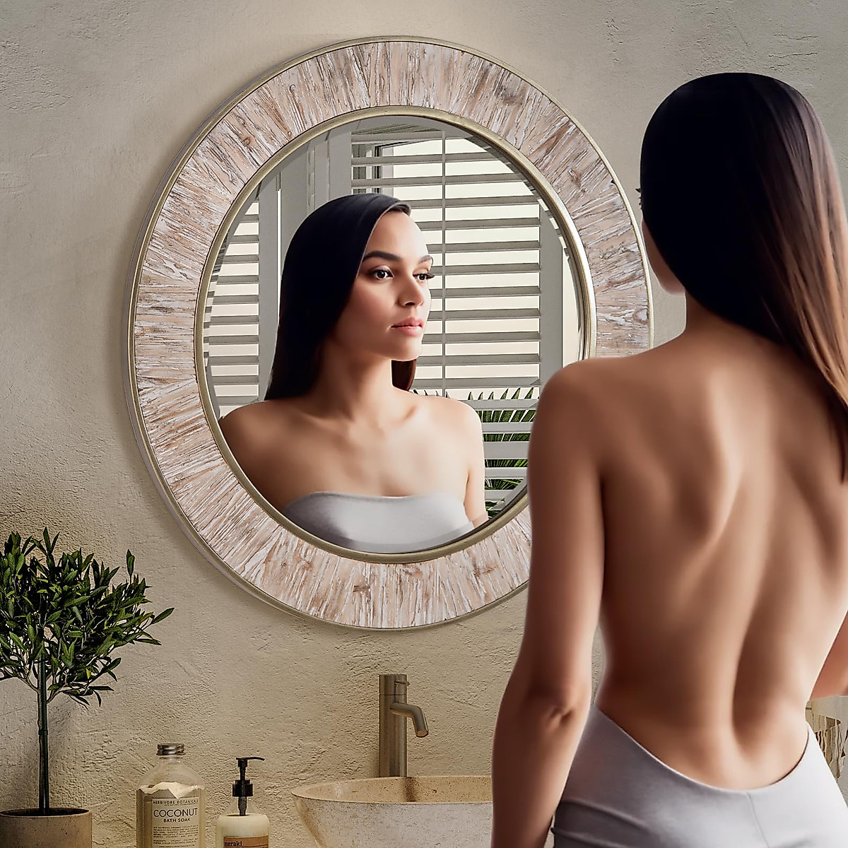 36 Inch Round Mirror,Gold Metal&Wood Frame Circle Mirror,Bathroom Mirrors for Over Sink,Wall Mirror for Living Room, Bathroom,Vantiy,Gold Circle Mirror