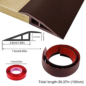 3.3Ft Self-Adhesive Floor Transition Strip, 1/2''~3/5'' Height Carpet to Tile Floor Divider Strip Reducer Peel and Stick Floor Edging Trim Strip Doorway Threshold Cover for Laminate Floor Mat (Coffee)