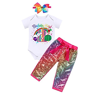 ODASDO Rainbow Melon 2nd Birthday Outfit for Baby Girl I'm Two Years Old Party Cake Smash Photo Shooting Romper Shiny Colorful Sequin Pants Bowknot Headband 3pcs Set Fall Spring Clothing 2nd 2T