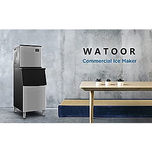 Watoor Commercial Ice Machine Stainless Steel Industrial Ice Machine ETL Approved 350LBS/24H with 200LBS Bin, Full Clear Cube, Professional Refrigeration Equipment