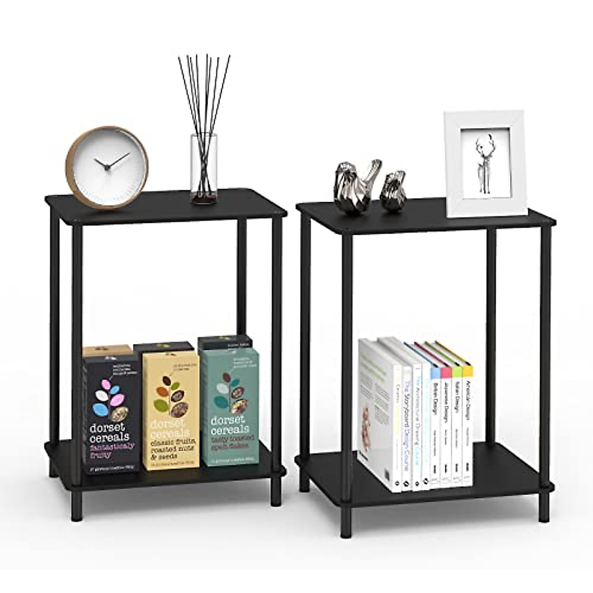 ABQ Nightstands Set of 2, 2-Tier Small Side Table for Small Spaces, Industrial End Table Bedside Table with Storage Shelf for Living Room, Bedroom, Office, Black