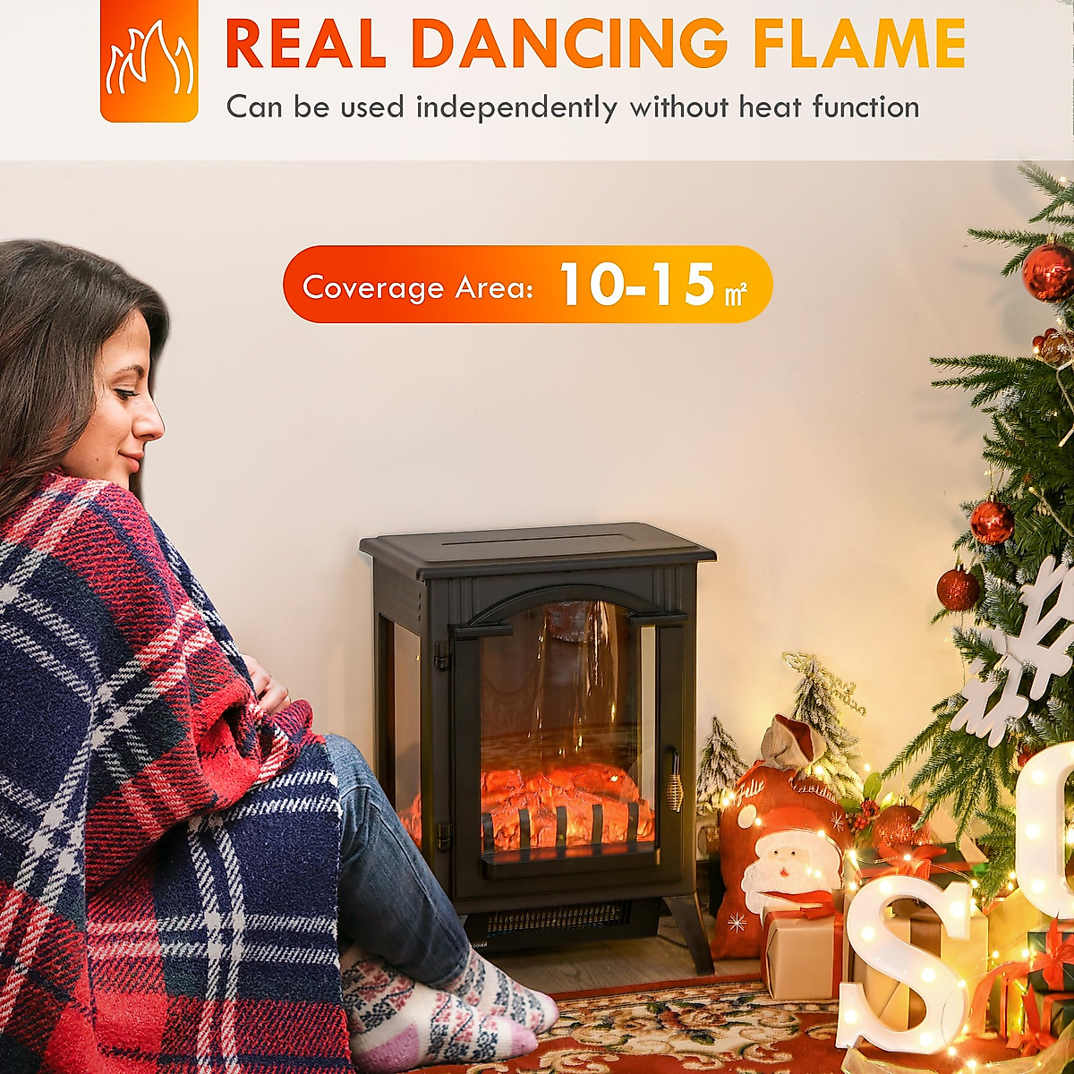 HOMCOM 23" Electric Fireplace Heater, Fire Place Stove with Realistic LED Flames and Logs and Overheating Protection, 750W/1500W, Black