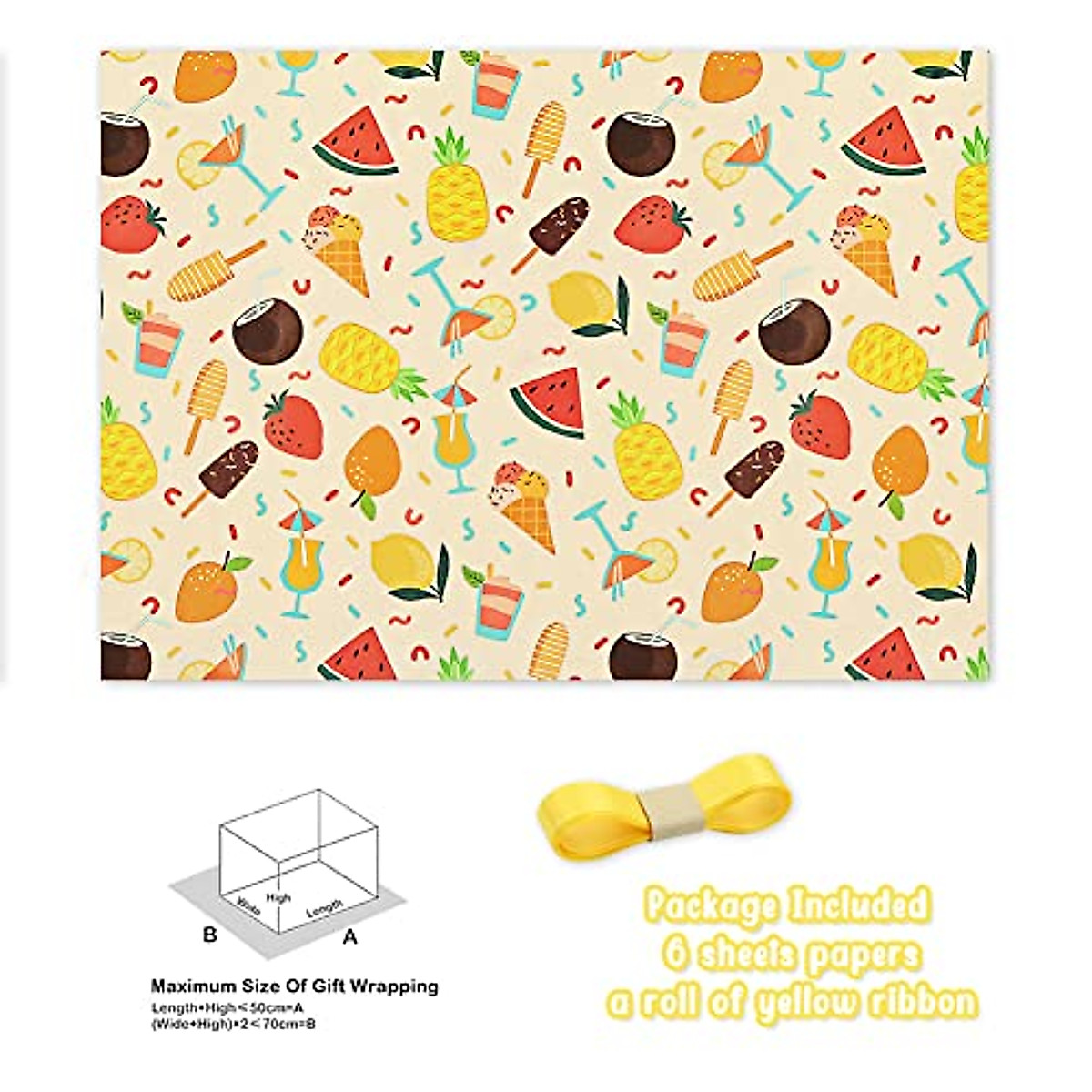 Hawaiian Gift Wrap 6 PCS,20 X 28 Inch Summer Yellow Wrapping Paper,Watermelon Orange Pineapple Lemon Strawberry Pattern Funny Tropical Wrapping Paper For Birthday Baby Shower Aloha Hula Party Decor