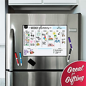 Magnetic Dry Erase Weekly Calendar for Fridge: with Stain Resistant Technology - 17x12" - 4 Fine Tip Markers and Large Eraser with Magnets - Whiteboard Organizer Planner: Refrigerator White Board