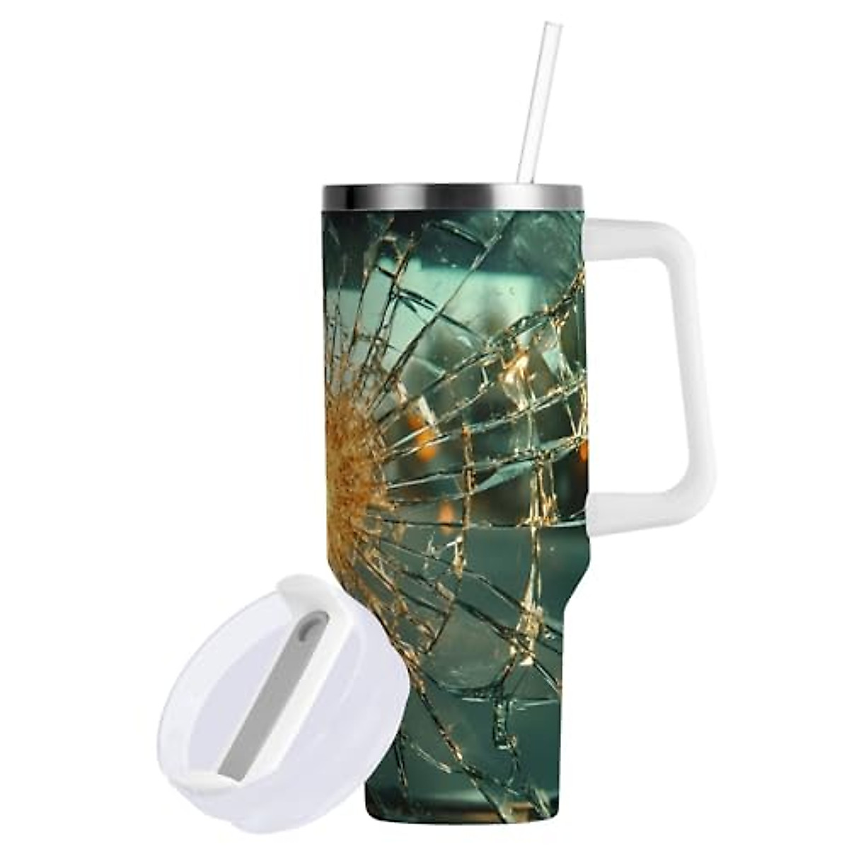 Jihqo Broken Windshield Print 40 oz Stainless Steel Vacuum Insulated Tumbler with Handle and Straw Lid, Leakproof Water Bottle Double Wall Travel Mug Coffee Cup, Cupholder Friendly