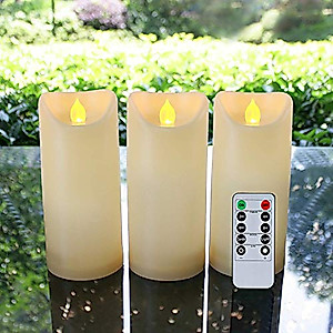 Homemory 3"x 7" Outdoor Waterproof Flameless Candles with Timers and Remote Control, Battery Operated Candles, LED Plastic Candles, Ivory, Set of 3