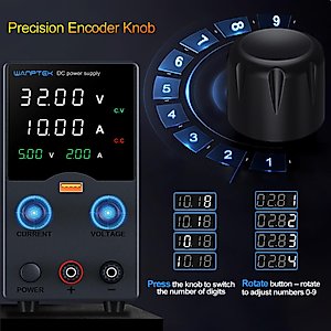 DC Power Supply Variable, Bench Power Supply with Encoder Adjustments Knob, USB Charge Interface, Variable Power Supply with USB Output Current Display, Over-Current Protection (30V 10 Black)