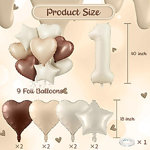 40 Inch Cream 1 Balloon Decor, Beige Tan Brown Heart Balloons, Foil Neutral Nude Sand White Helium Star Number 1 Balloons for Girls 1st Birthday Anniversary Baby Shower Party Boho Decoration Supplies