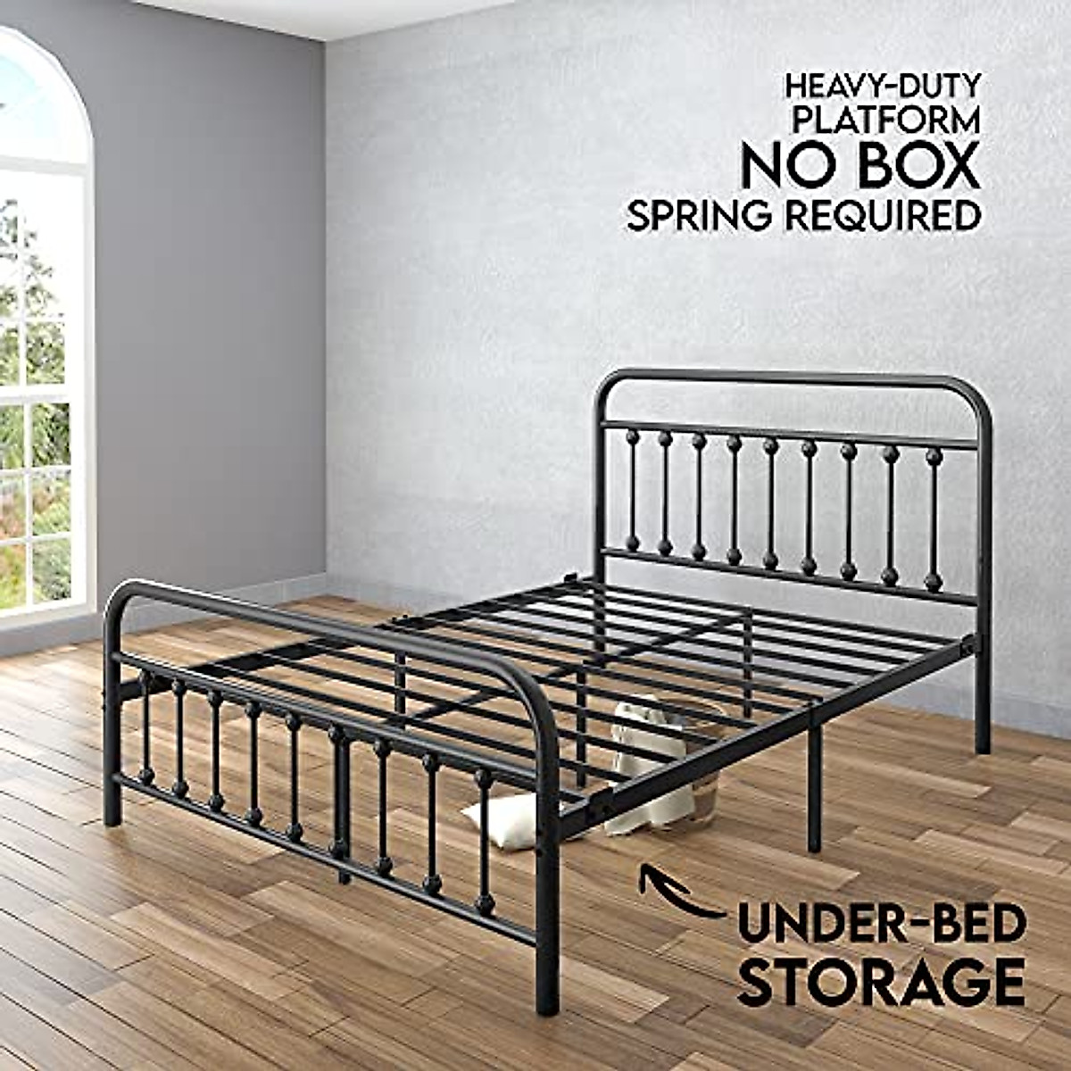 AMBEE21 Vintage Queen Metal Bed Frame with Headboard and Footboard Platform / Wrought Iron / Heavy Duty/ Solid Metal Slat / Textured Black / No Box Spring Needed/ Industrial & Farmhouse
